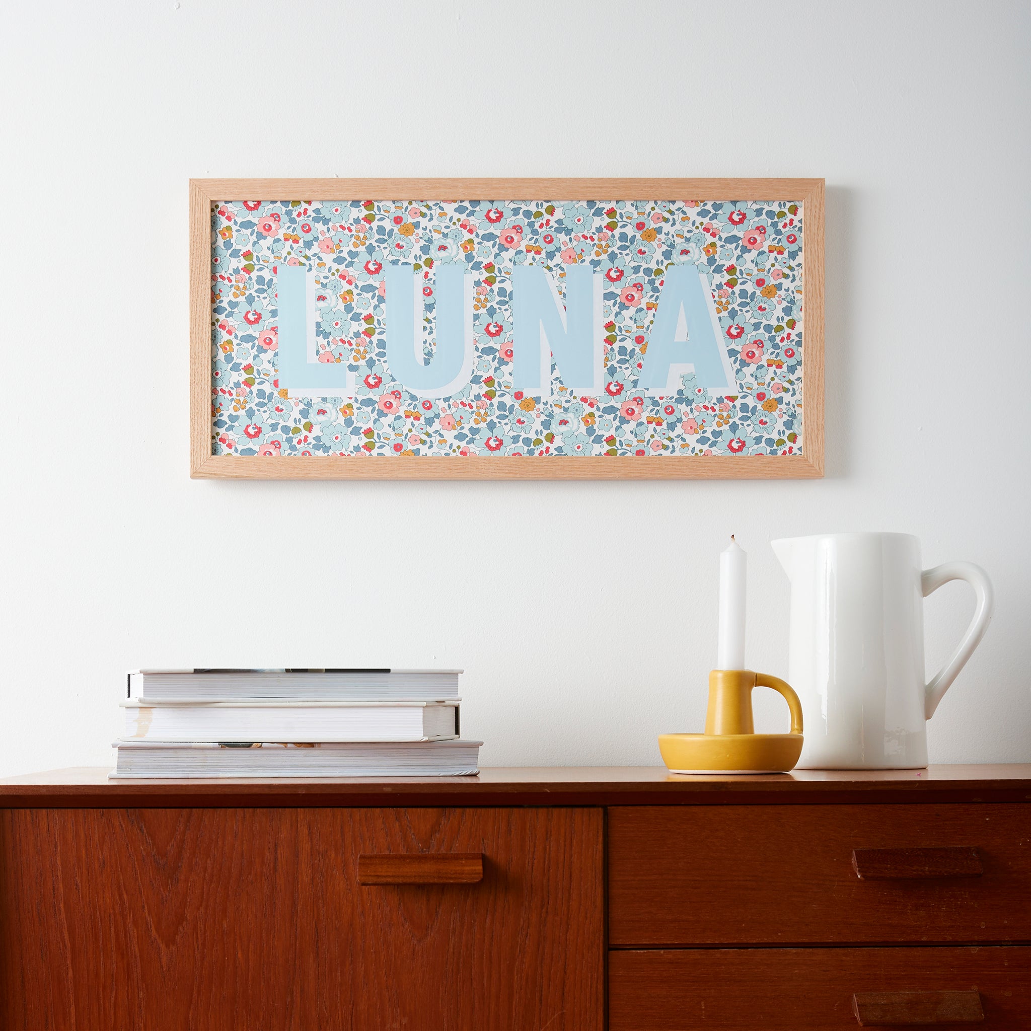 PERSONALISED FRAMED WORD/NAME PICTURE- LIBERTY BETSY BLUE FABRIC ...