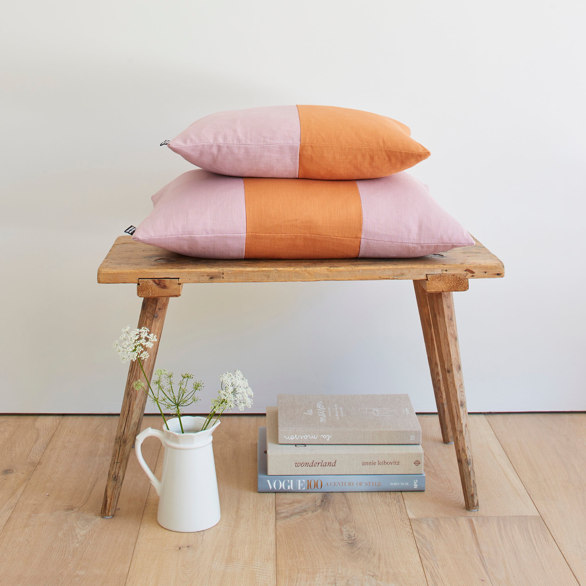TRIPLE COLOUR BLOCK LINEN CUSHION - DUSKY/GINGER – Catherine Colebrook