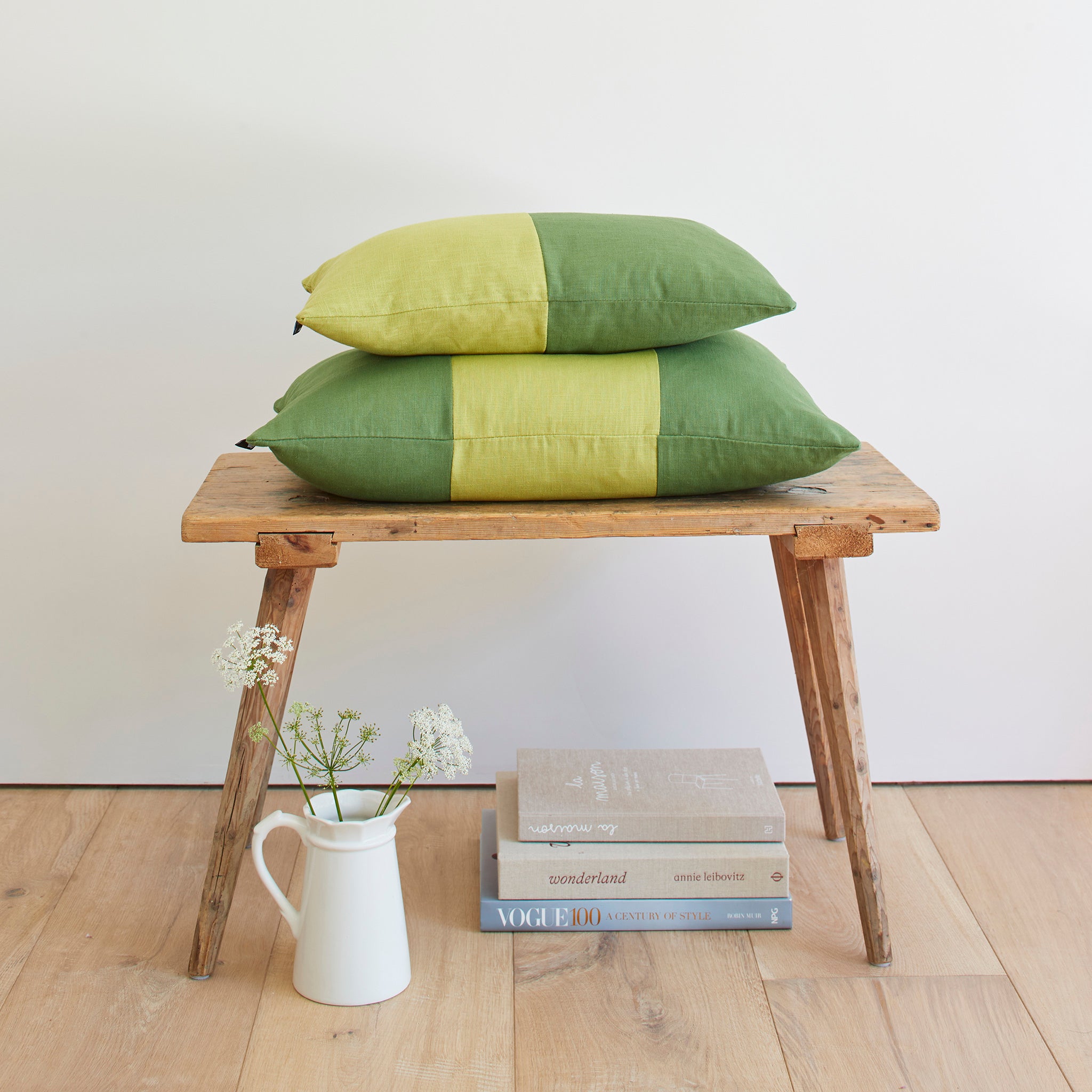 DOUBLE COLOUR BLOCK LINEN CUSHION - OLIVE/CHARTREUSE – Catherine Colebrook